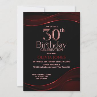 Modern Black Red 30th Birthday Party Invitation | Zazzle