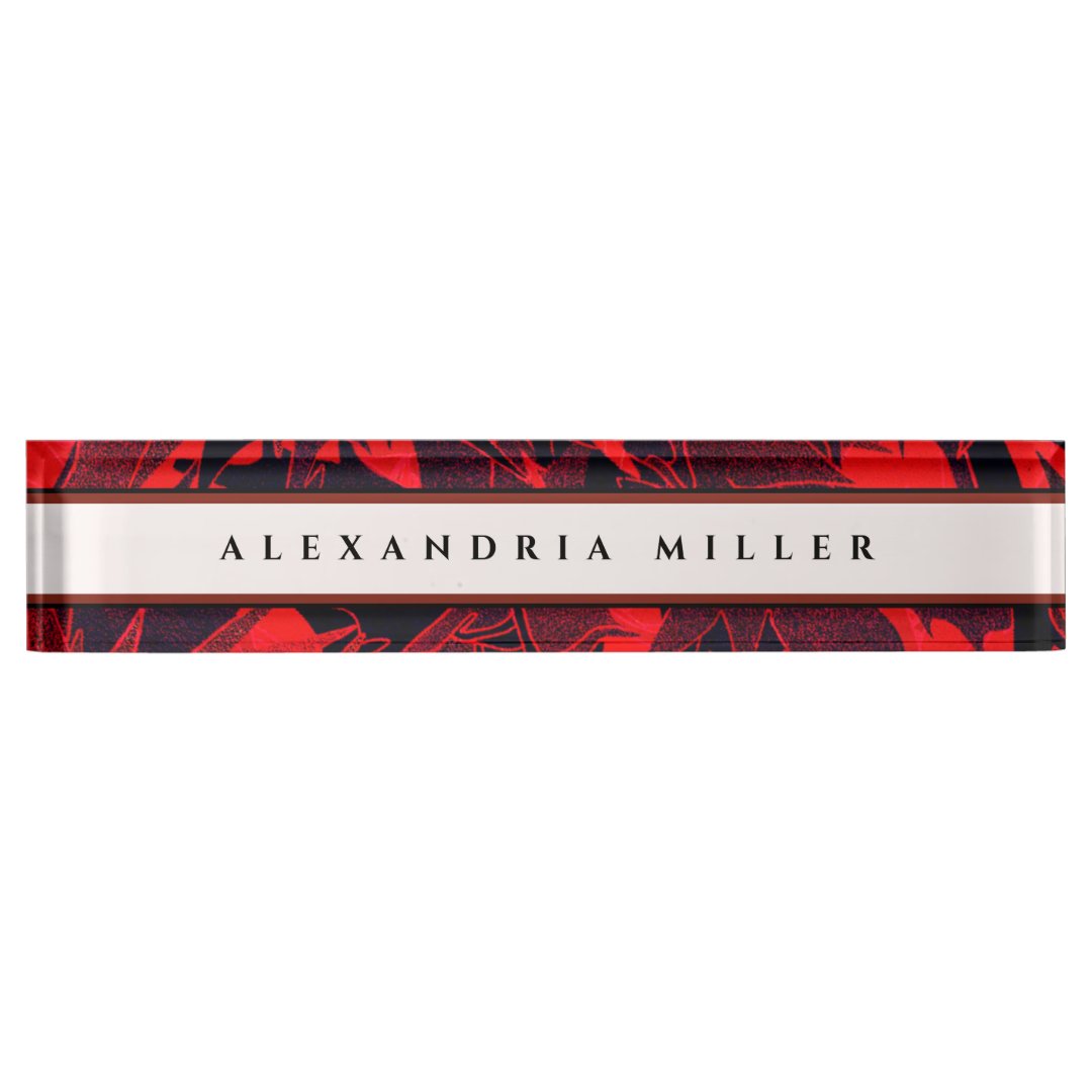 Modern Black & Red Abstract Foliage | Name Desk Name Plate | Zazzle