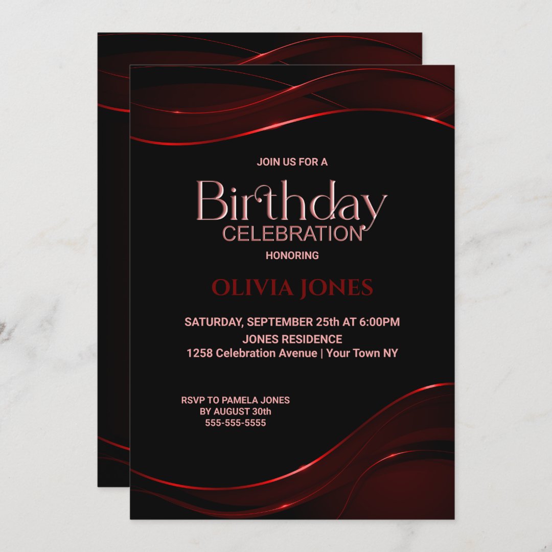 Modern Black Red Birthday Party Invitation | Zazzle