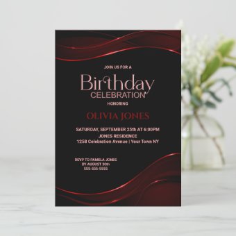 Modern Black Red Birthday Party Invitation | Zazzle