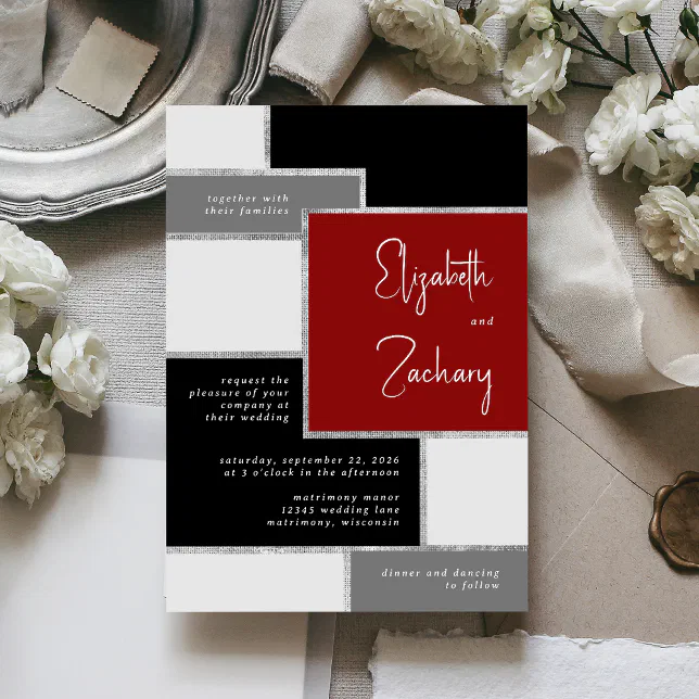 Modern Black Red Gray Silver Wedding Invitation | Zazzle