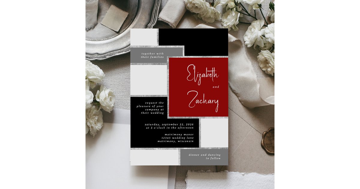 Modern Black Red Gray Silver Wedding Invitation | Zazzle