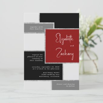 Modern Black Red Gray Silver Wedding Invitation | Zazzle