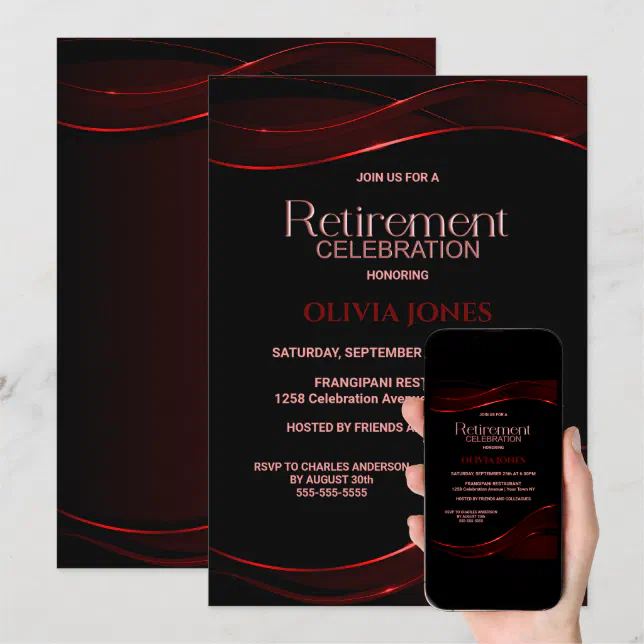 Modern Black Red Retirement Celebration Invitation | Zazzle