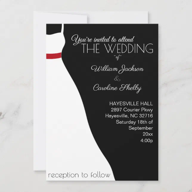 Modern Black Red Wedding Dress Wedding Invitation | Zazzle