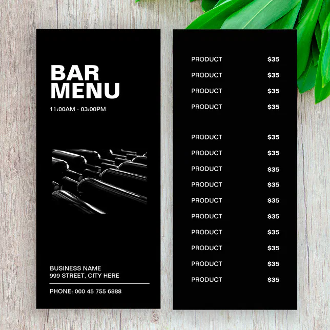 Modern Black Restaurant Bar Menu | Price List | Zazzle