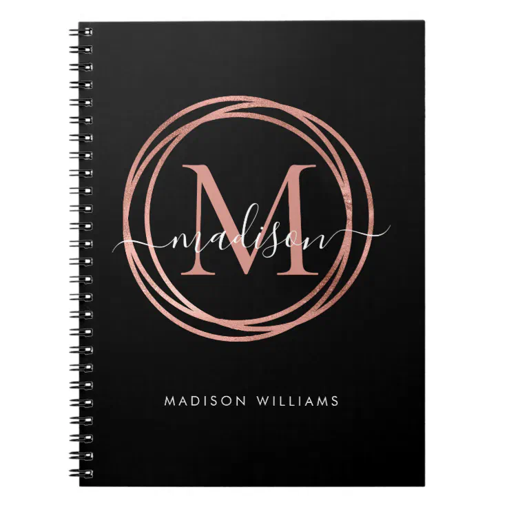 Modern Black Rose Gold Blush Pink Monogram Circle Notebook | Zazzle