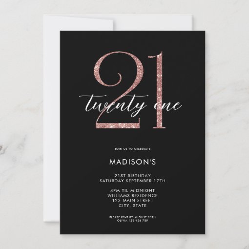 Modern Black Rose Gold Elegant 21st Birthday Invitation | Zazzle