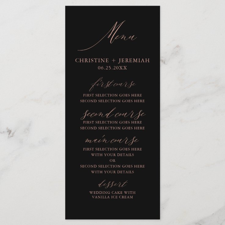 Modern Black Rose Gold Elegant Script Wedding Menu | Zazzle