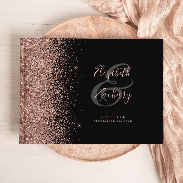 Modern Black Rose Gold Glitter Script Guest Book | Zazzle