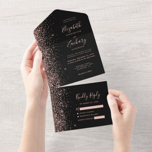 Modern Black Rose Gold Glitter Wedding All In One Invitation | Zazzle