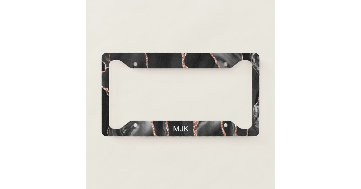 Modern Black Rose Gold Veins Agate Marble Monogram License Plate Frame ...