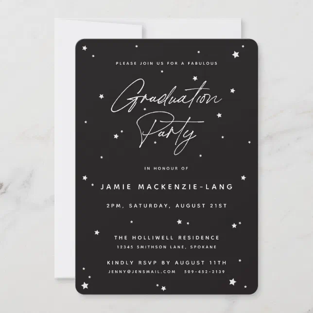 Modern Black Script and Stars Graduation Party Invitation | Zazzle