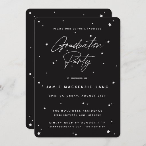 Modern Black Script and Stars Graduation Party Invitation | Zazzle