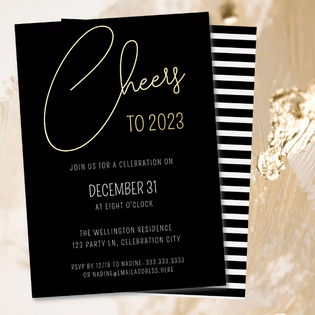 Modern Black Script Cheers New Years Eve Party Inv Foil Invitation | Zazzle