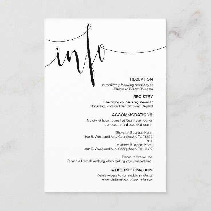 Modern Black Script, Editable Wedding Details Enclosure Card | Zazzle