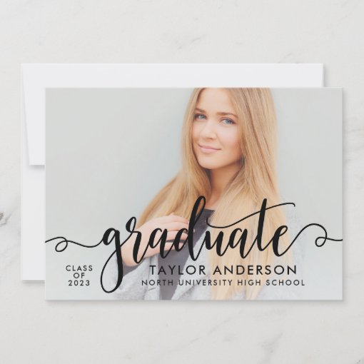 Modern Black Script Graduate Photo Graduation Invitation | Zazzle