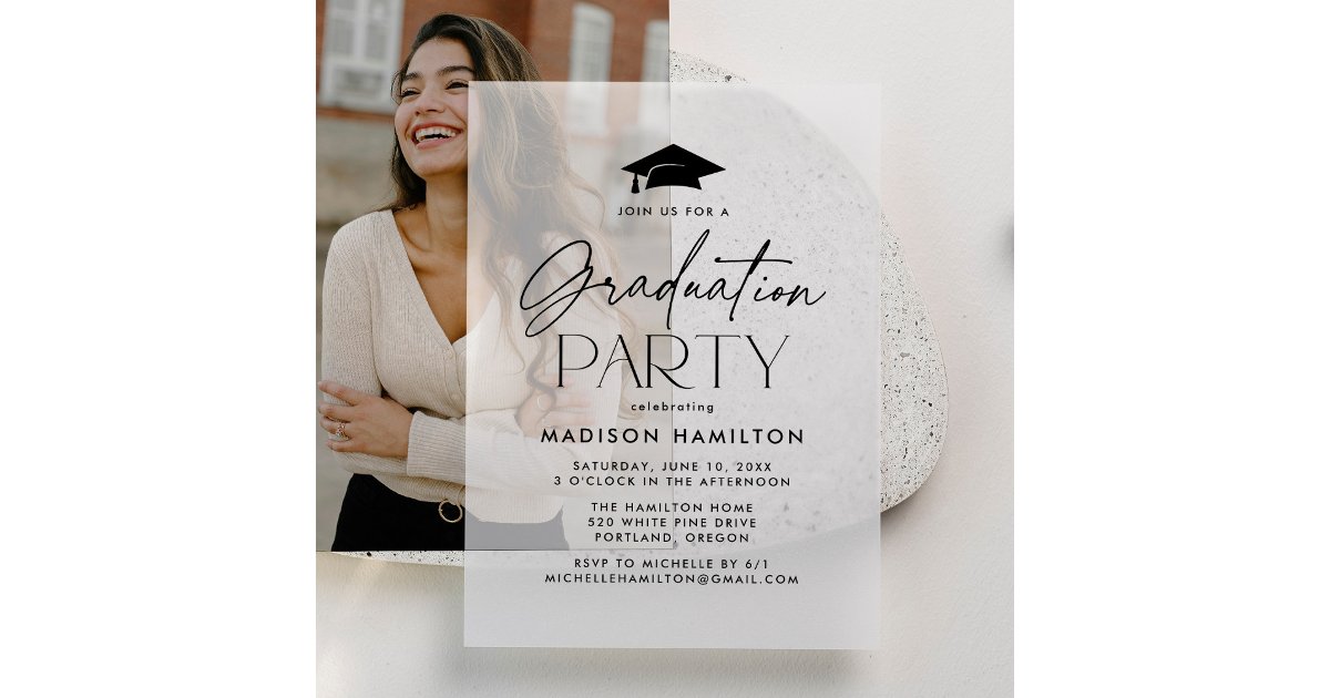 Modern Black Script Graduation Party Vellum Invitations | Zazzle