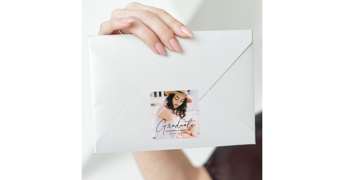 Modern Black Script Graduation Photo Square Sticker | Zazzle