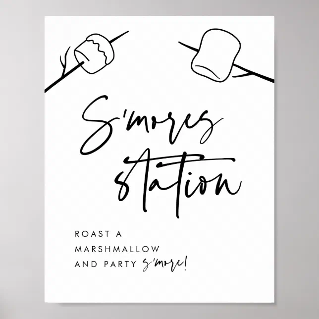 Modern Black Script Marshmallow S'mores Station Poster | Zazzle