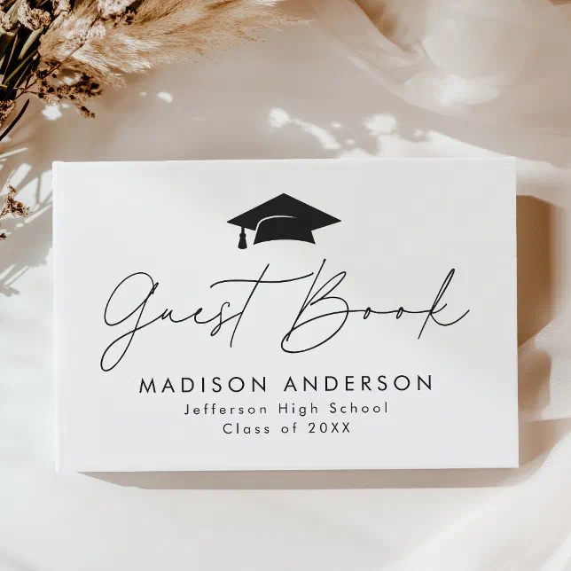 Modern Black Script Photo Graduation Guest Book | Zazzle