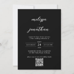 Modern Black Script Photo Monogram QR code Wedding Invitation | Zazzle