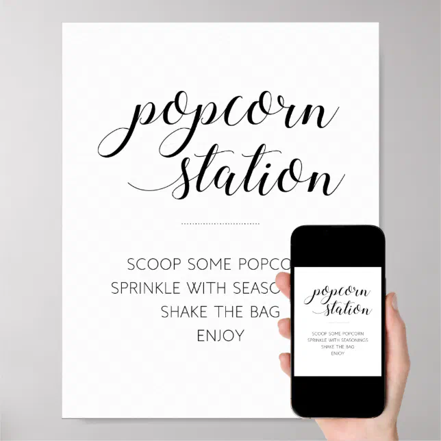 Modern Black Script Popcorn Station Wedding Poster | Zazzle