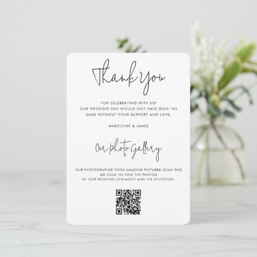 Modern Black Script QR Code Photo Gallery Wedding Thank You Card | Zazzle