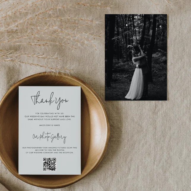 Modern Black Script QR Code Photo Gallery Wedding Thank You Card | Zazzle