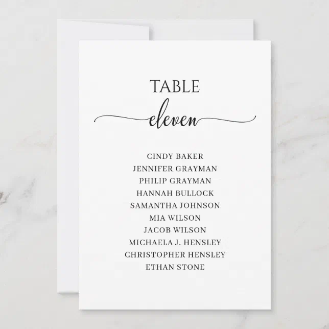 Modern Black Script Table Number 11 Seating Chart | Zazzle