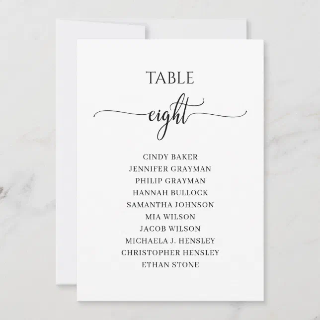Modern Black Script Table Number 8 Seating Chart | Zazzle