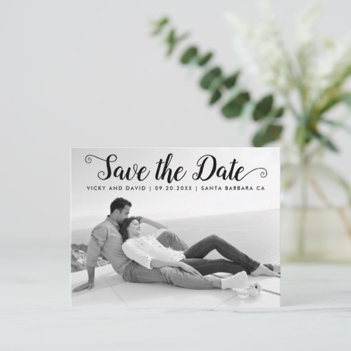 Modern black script wedding Save the Date photo Postcard | Zazzle