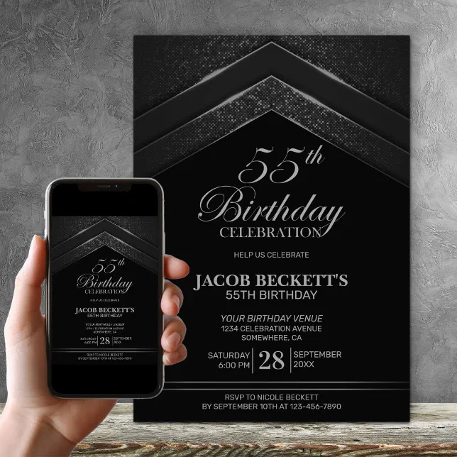 Modern Black Silver 55th Birthday Party Invitation | Zazzle