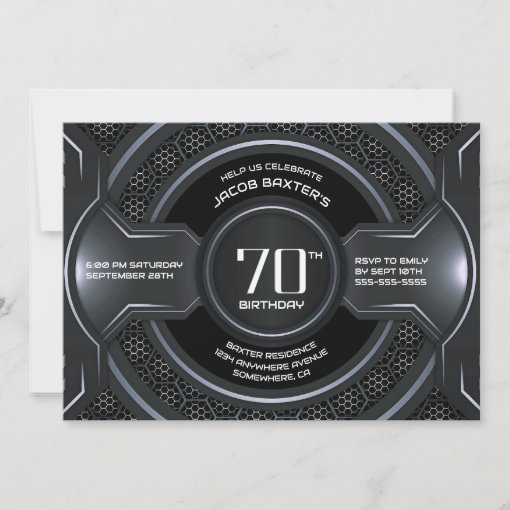 Modern Black Silver 70th Birthday Party Invitation | Zazzle