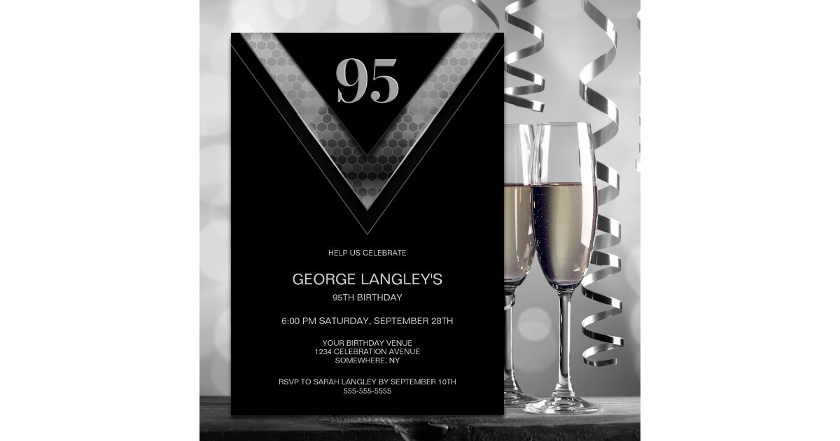 Modern Black Silver 95th Birthday Party Invitation | Zazzle