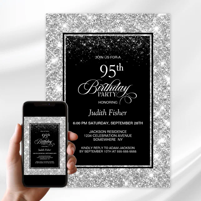Modern Black Silver 95th Birthday Party Invitation | Zazzle