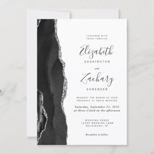 Modern Black Silver Agate Wedding Invitation | Zazzle