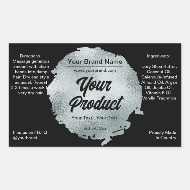 Modern Black Silver Foil Glamorous Luxury Custom Rectangular Sticker ...