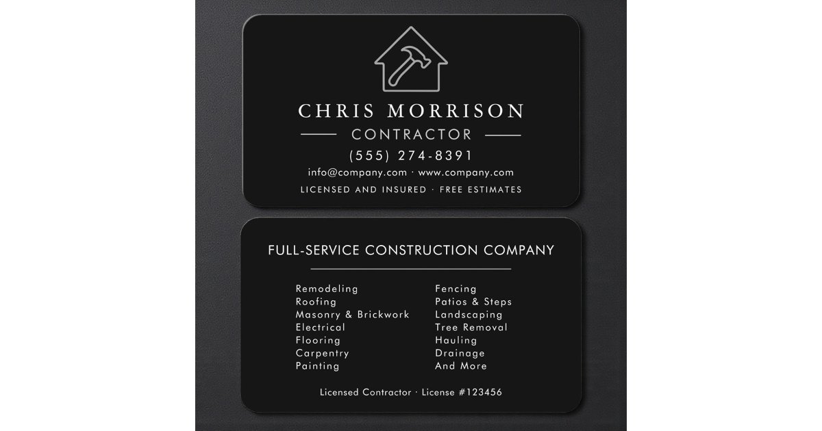 Modern Black Silver General Contractor Business Card | Zazzle