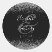 Modern Black Silver Glitter Edge Wedding Classic Round Sticker | Zazzle