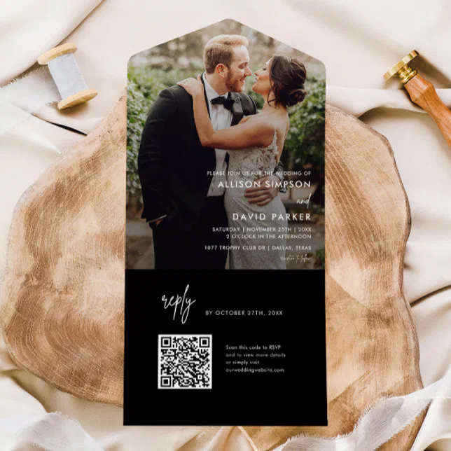 Modern Black Simple QR Code Wedding All In One Invitation | Zazzle