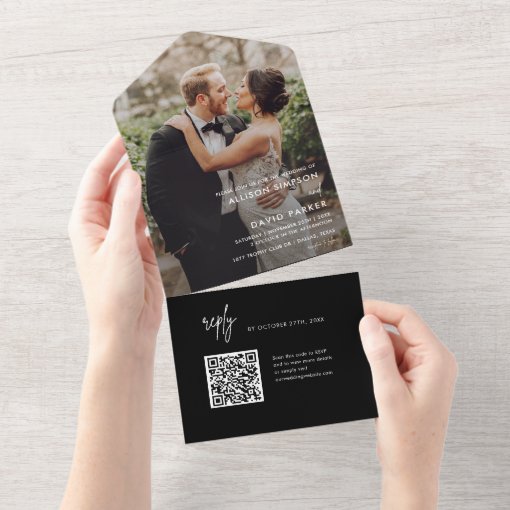 Modern Black Simple QR Code Wedding All In One Invitation | Zazzle