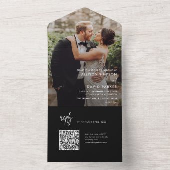 Modern Black Simple QR Code Wedding All In One Invitation | Zazzle