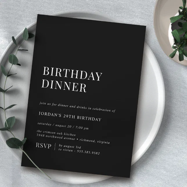 Modern Black | Sleek Minimalist Birthday Dinner Invitation | Zazzle