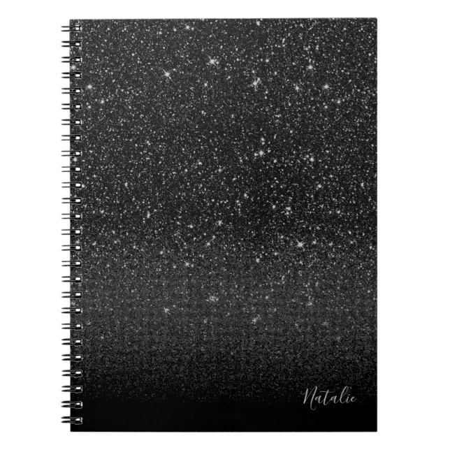 Modern Black Sparkle Glitter with Name Notebook | Zazzle