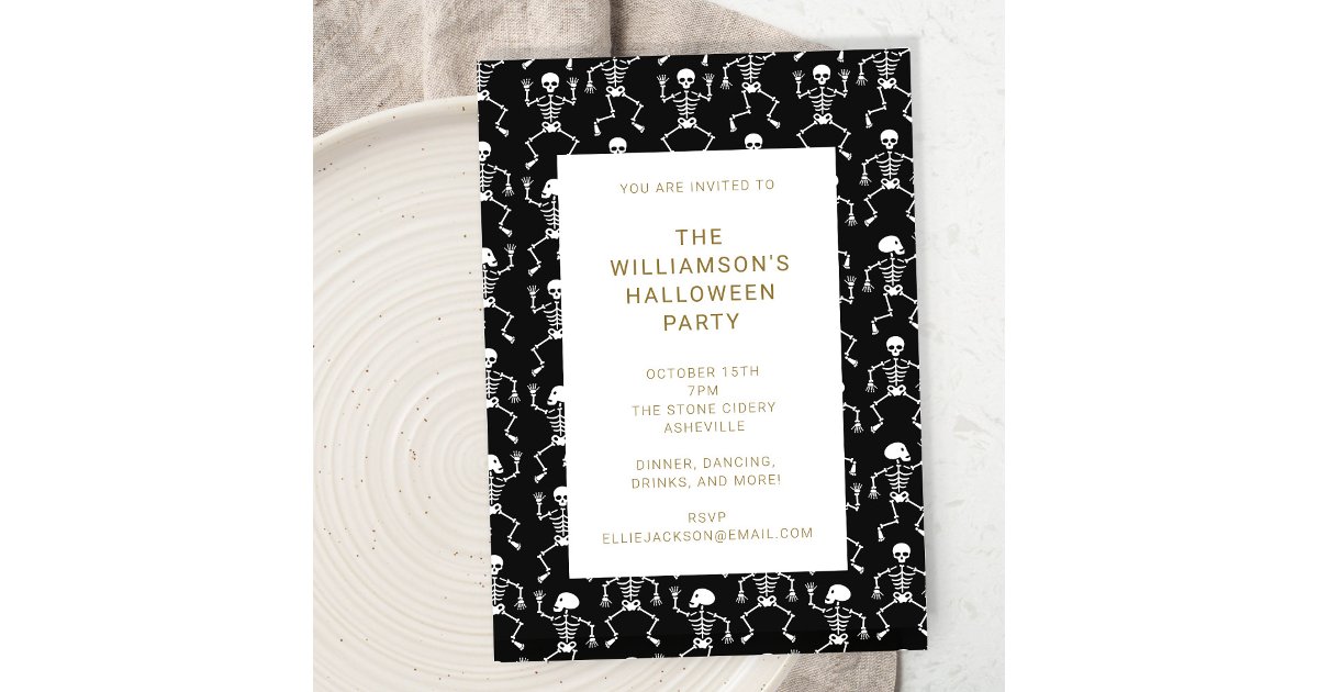 Modern Black Spooky Skeleton Halloween Party Invitation | Zazzle