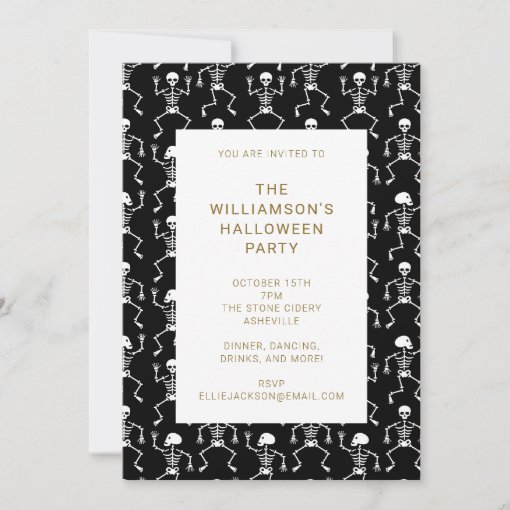 Modern Black Spooky Skeleton Halloween Party Invitation | Zazzle
