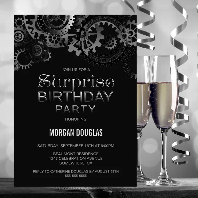 Modern Black Steampunk Surprise Birthday Invitation | Zazzle