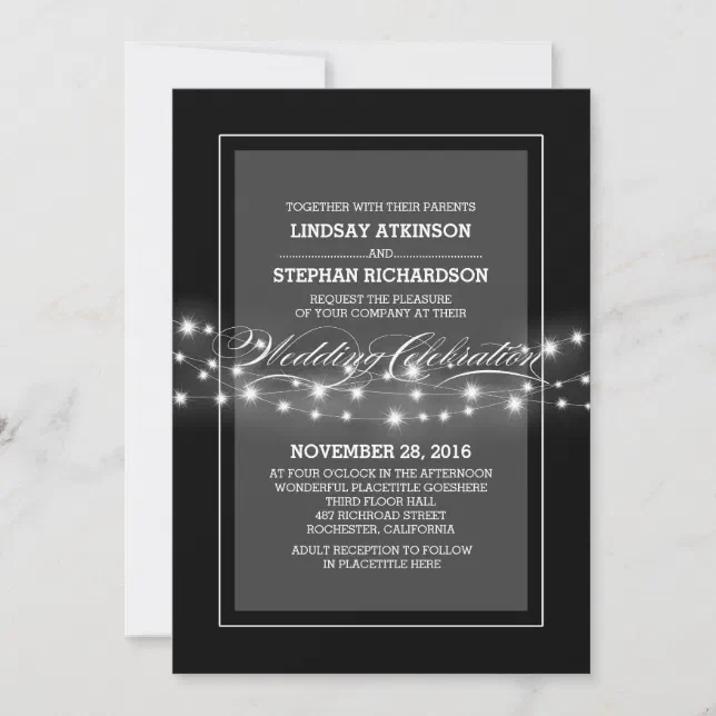 modern black string lights wedding invitation | Zazzle