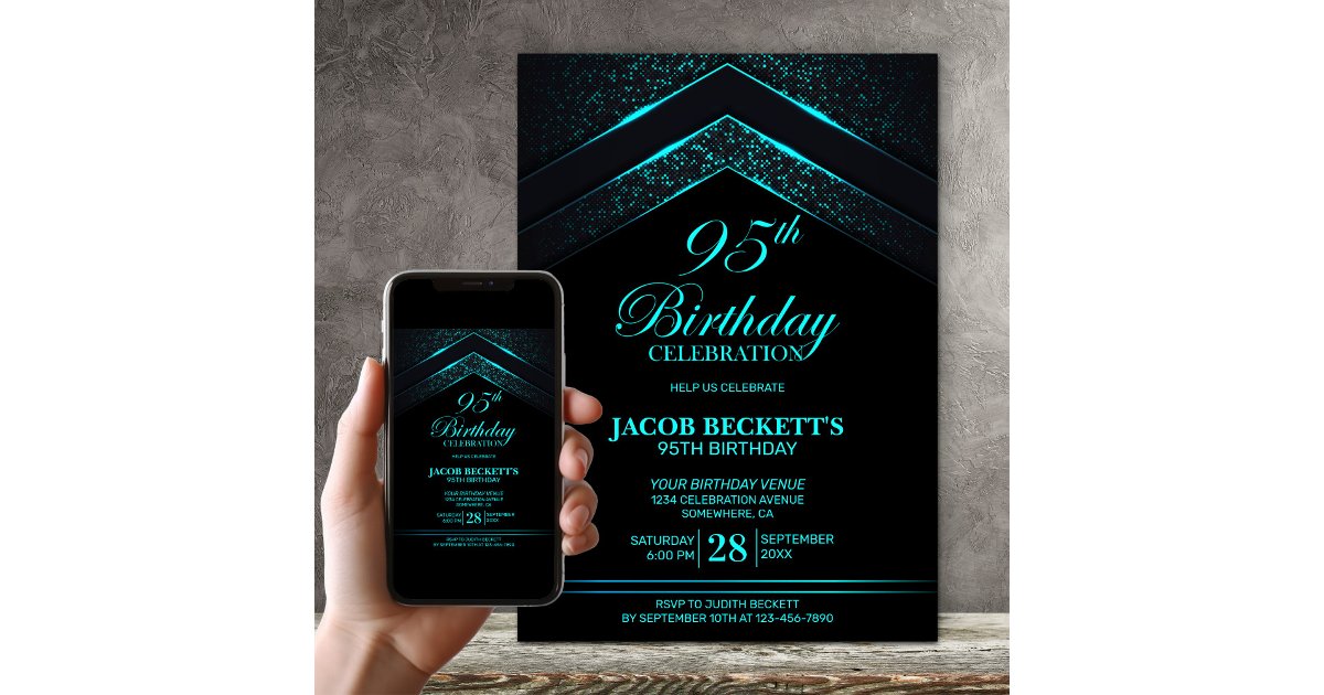 Modern Black Teal 95th Birthday Party Invitation | Zazzle